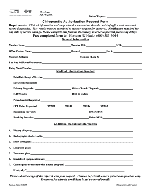 Fillable Online Chiropractic Auth Form - Horizon NJ Health Fax Email ...