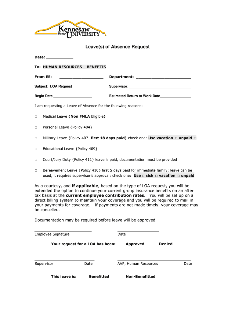 Fillable Online web kennesaw KSU Employee Leave Request FORM - Kennesaw ...