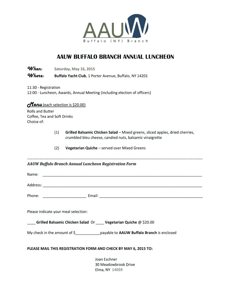 Fillable Online wings buffalo AAUW BUFFALO BRANCH ANNUAL LUNCHEON Fax ...