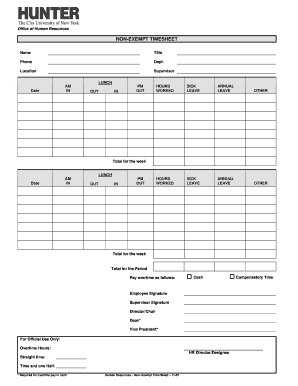 Fillable Online hr hunter cuny NON-EXEMPT TIMESHEET - Hunter College ...