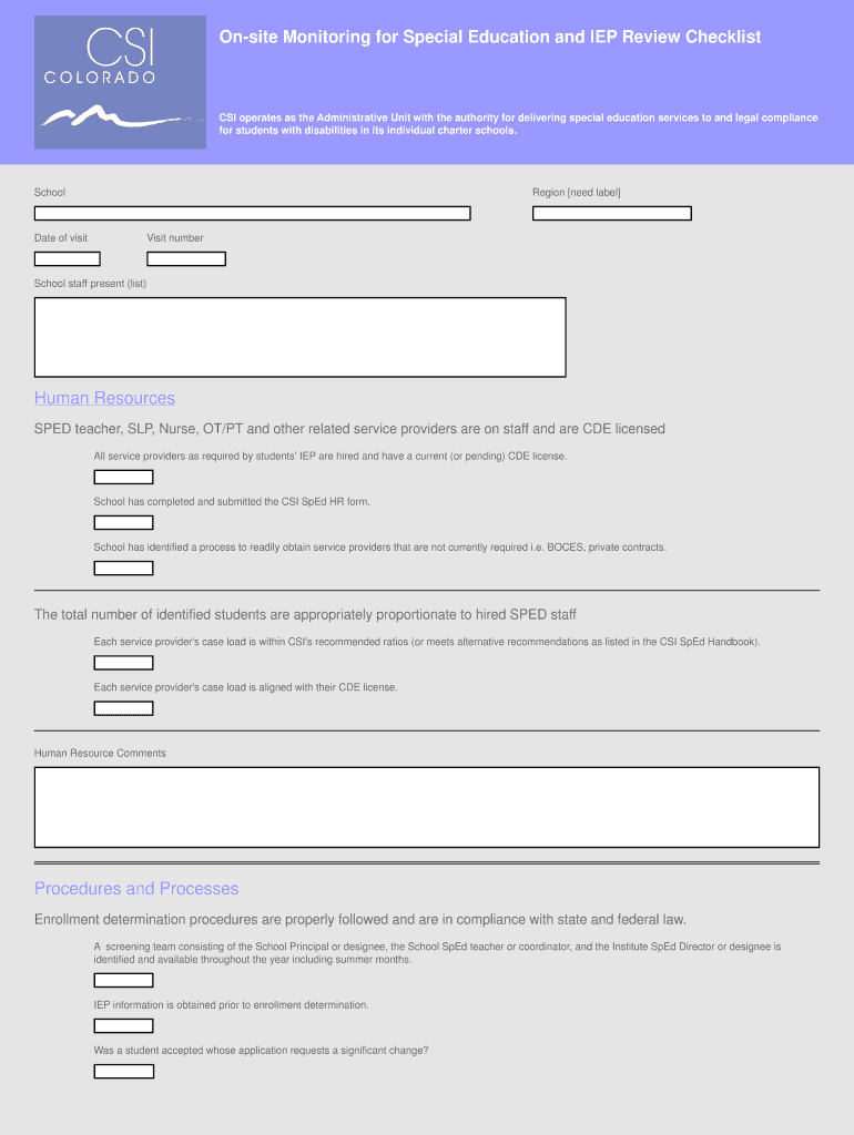 Fillable Online csi state co On-site Monitoring for Special Education ...