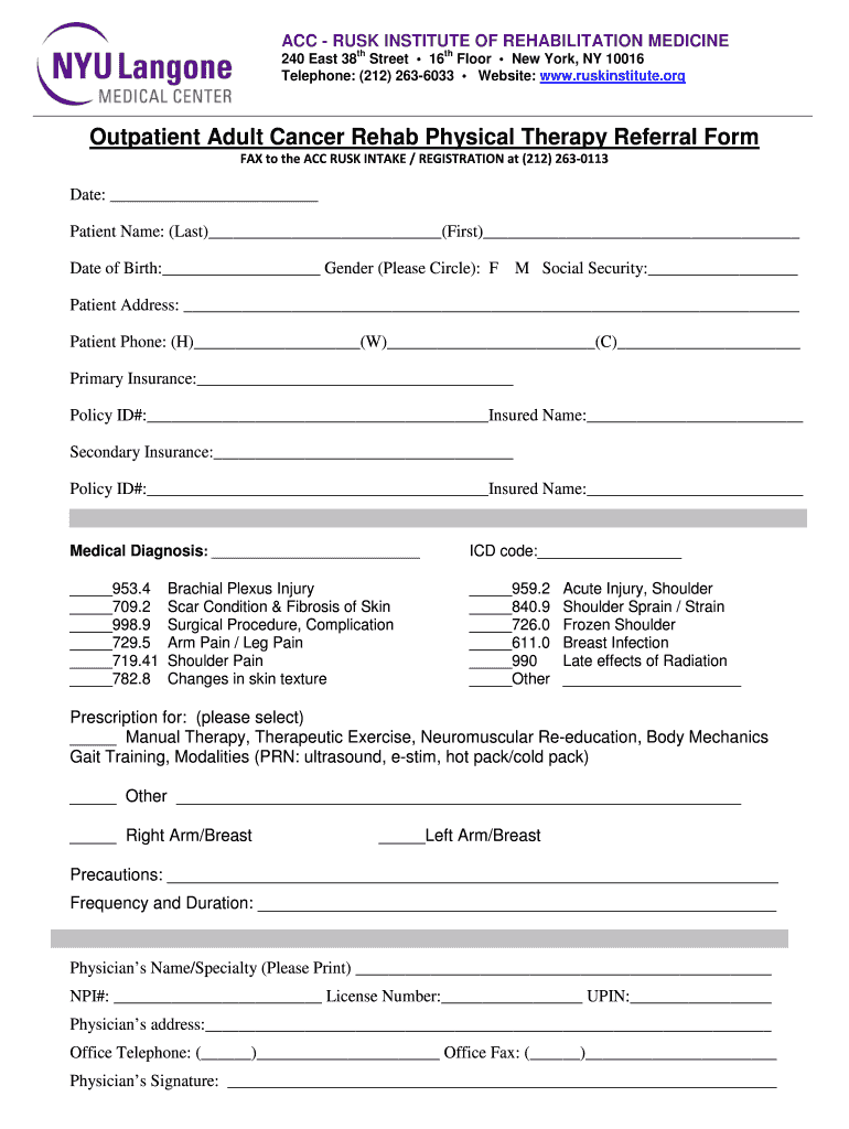 Fillable Online Outpatient Adult Cancer Rehab Physical Therapy Referral ...