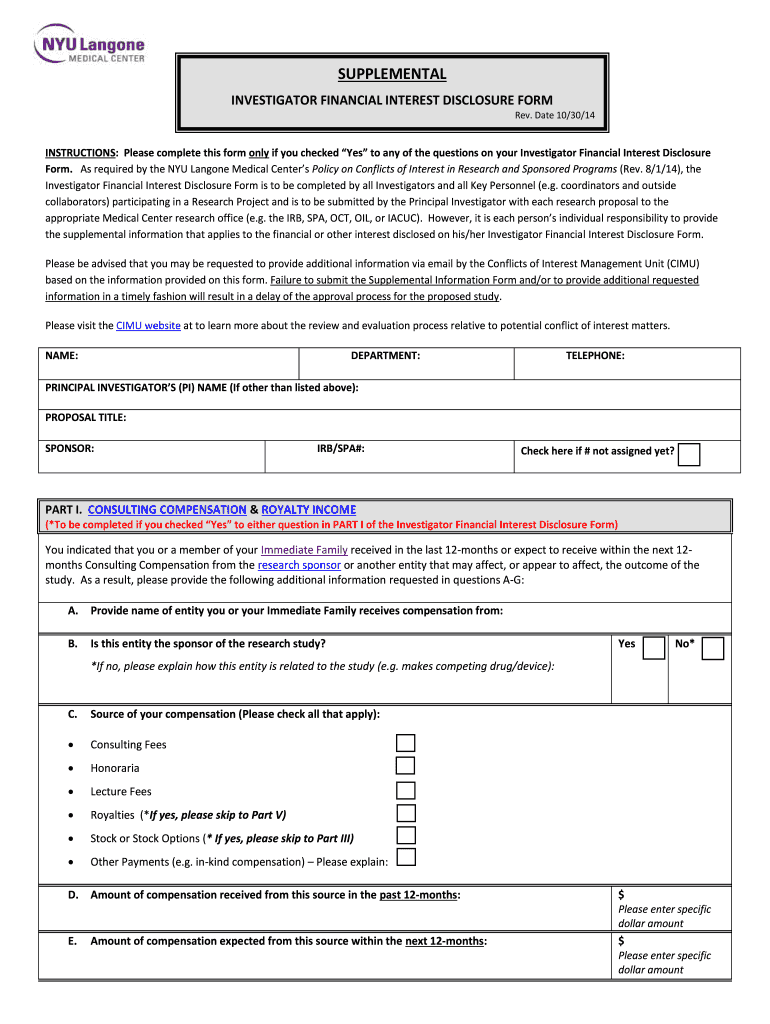 Fillable Online SUPPLEMENTAL - NYU Langone Medical Center Fax Email Print - pdfFiller