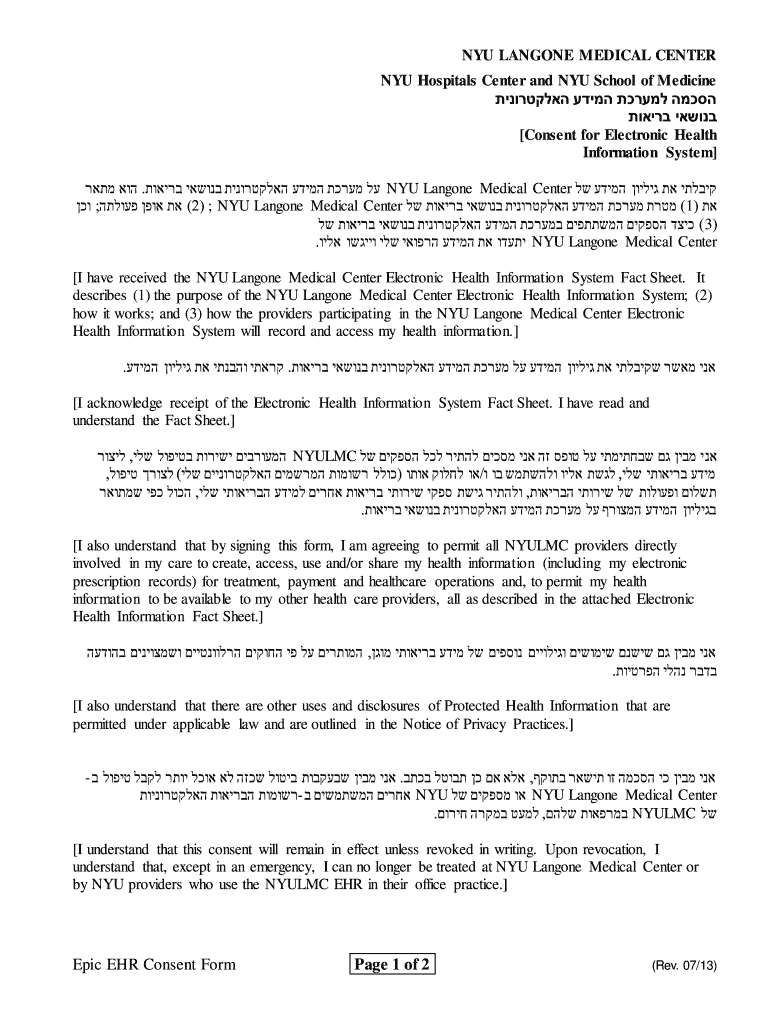 Fillable Online Epic EHR Consent Form Page 1 of 2 - nyulangoneorg Fax Email Print - pdfFiller