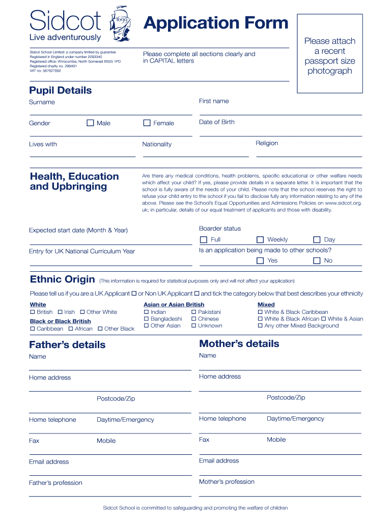Fillable Online Application Form - Sidcot School Fax Email Print - pdfFiller