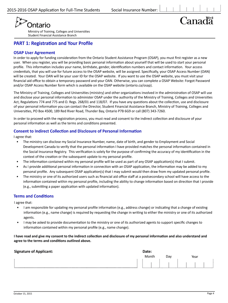 Fillable Online Ontario Student Assistance Program 20152016 OSAP ...