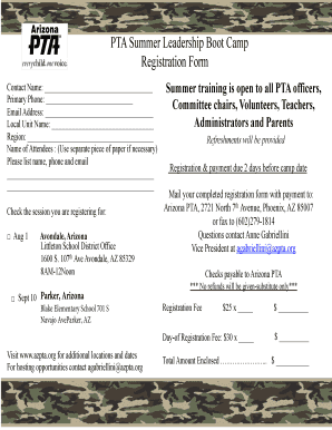 Fillable Online azpta PTA Summer Leadership Boot Camp Registration Form ...