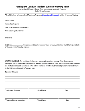 Fillable Online Participant Conduct Incident Written Warning Form Fax ...