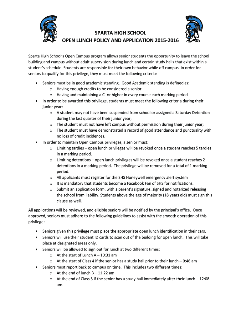 Fillable Online shs sparta SPARTA HIGH SCHOOL OPEN LUNCH POLICY AND ...