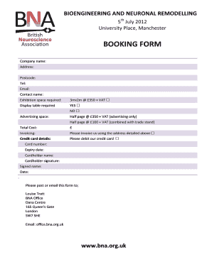 Fillable Online bna org BOOKING FORM - British Neuroscience Association ...