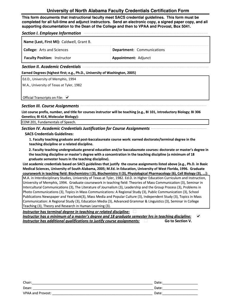Fillable Online University of North Alabama Faculty Credentials Certification Form This form ...