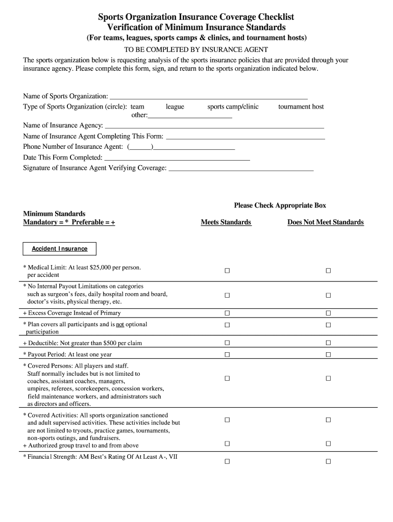 Fillable Online Sports Insurance Coverage Checklistdoc Fax Email Print ...