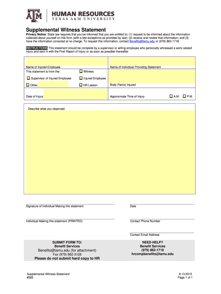 Fillable Online employees tamu Supplemental Witness Statement - Human ...