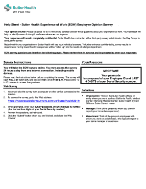 Fillable Online Help Sheet - Sutter Health Experience of Work (EOW ...
