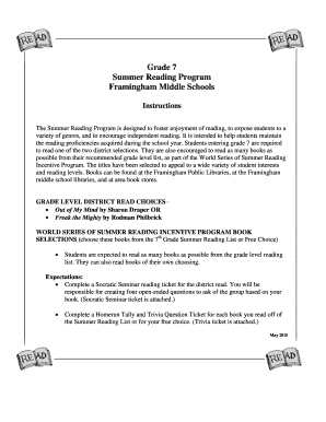 Fillable Online Grade 7 Summer Reading Program Framingham Middle ...