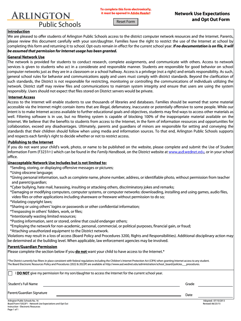 Fillable Online asd wednet Network Use Expectations and Opt Out - asdwednetedu Fax Email Print ...