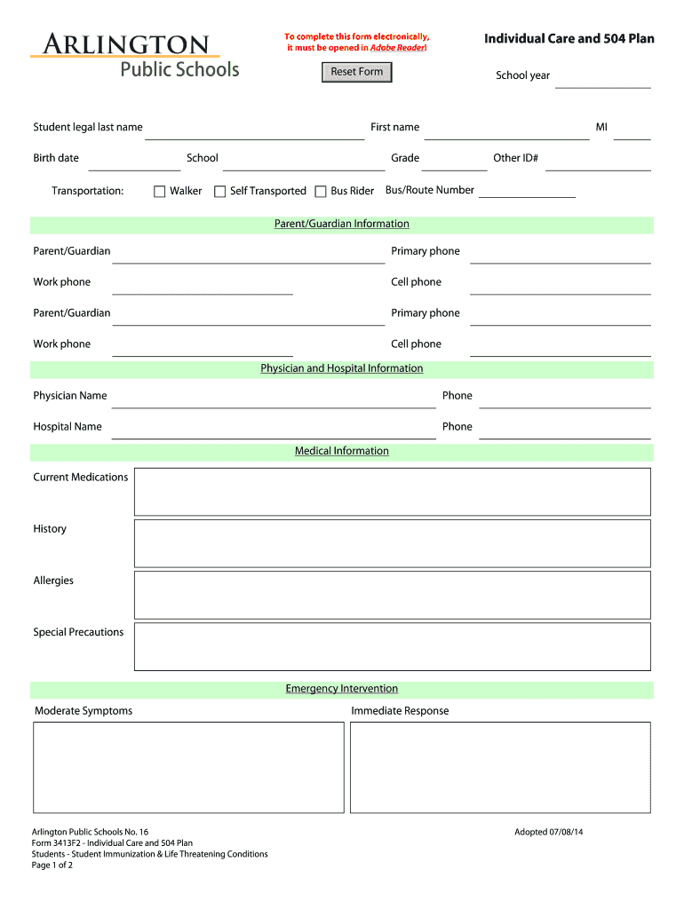 Fillable Online asd wednet Individual Care and 504 Plan it must be opened in Adobe Reader Fax ...