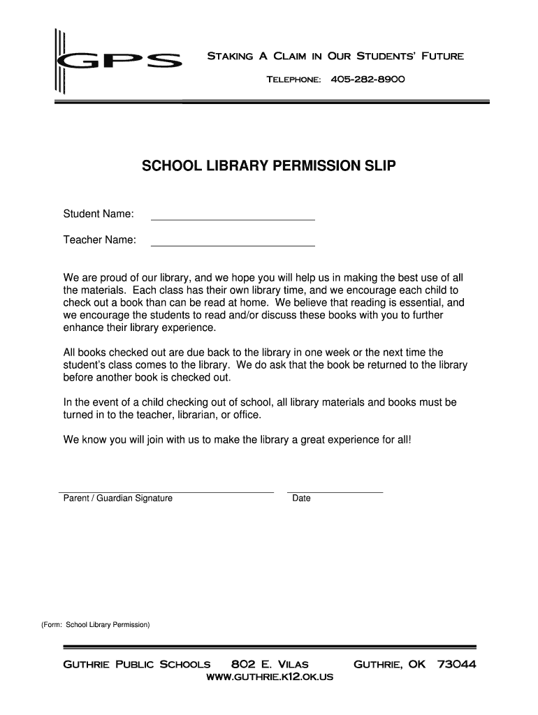 Fillable Online SCHOOL LIBRARY PERMISSION SLIP - guthriek12okus Fax ...