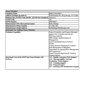 Fillable Online Team Member Company Name Business Size NAICS Code ...