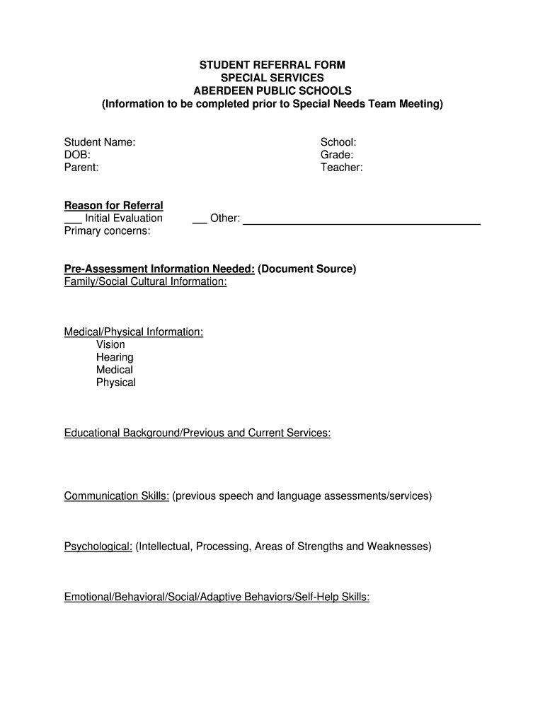 Fillable Online STUDENT REFERRAL FORM SPECIAL SERVICES ABERDEEN PUBLIC ...