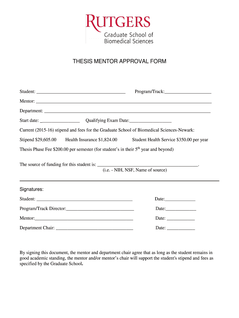 Fillable Online THESIS MENTOR APPROVAL FORM - New Jersey Medical School Fax Email Print - pdfFiller