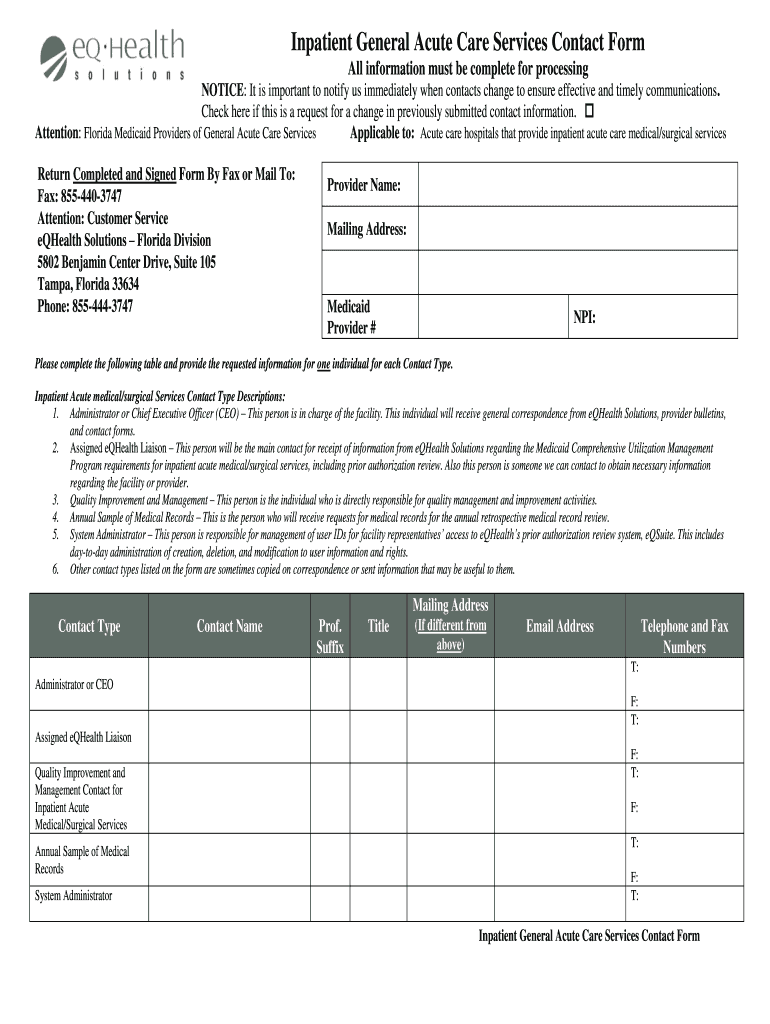 Fillable Online Inpatient General Acute Care Services Contact Form Fax Email Print - pdfFiller