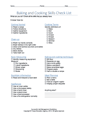 Fillable Online cte sfasu Handout - Baking and Cooking Skills Checklist ...