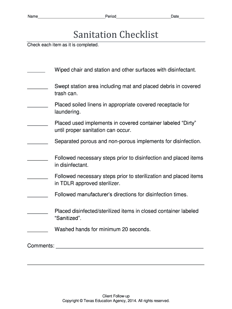Fillable Online cte sfasu Sanitation Checklist - Statewide ...