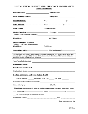 Fillable Online esp sultan k12 wa PRESCHOOL REGISTRATION - Sultan School District Fax Email ...
