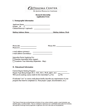 Fillable Online Research Internship Application Form I Demographic Fax ...