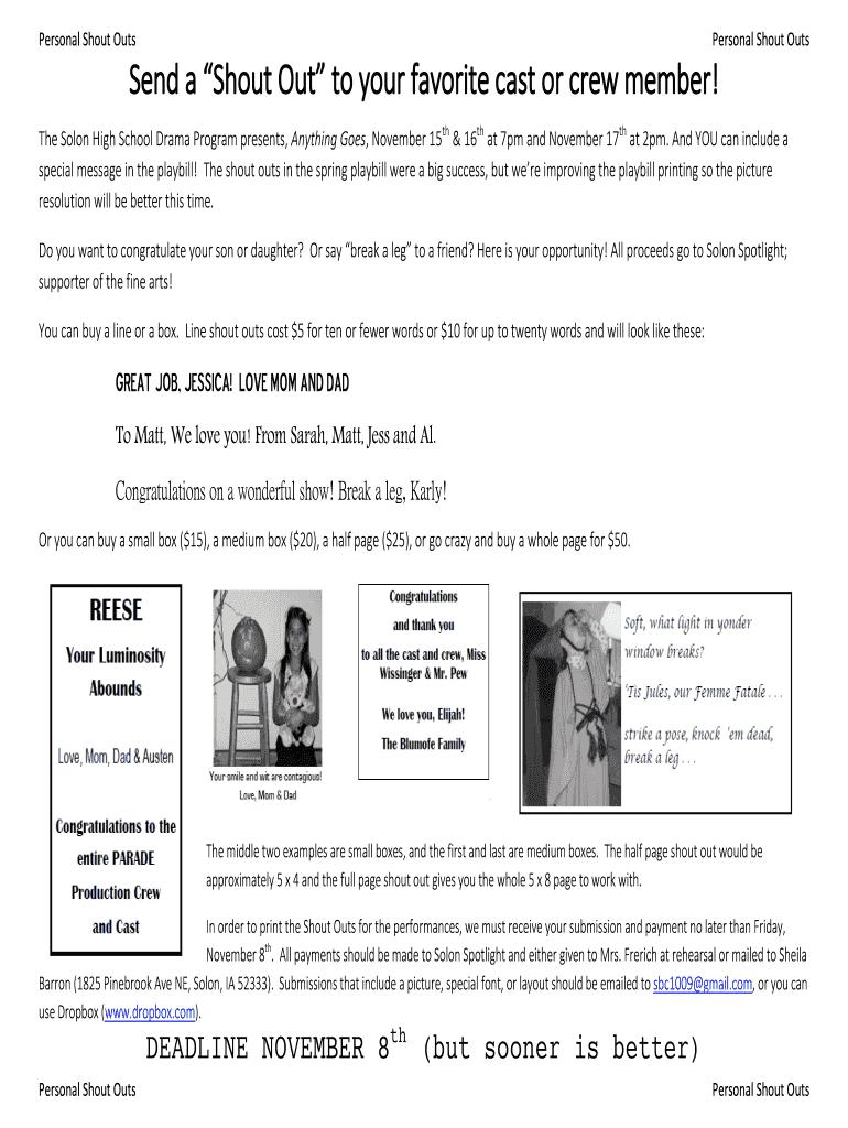 Fillable Online file solon k12 ia Personal Shout Outs Personal Shout ...