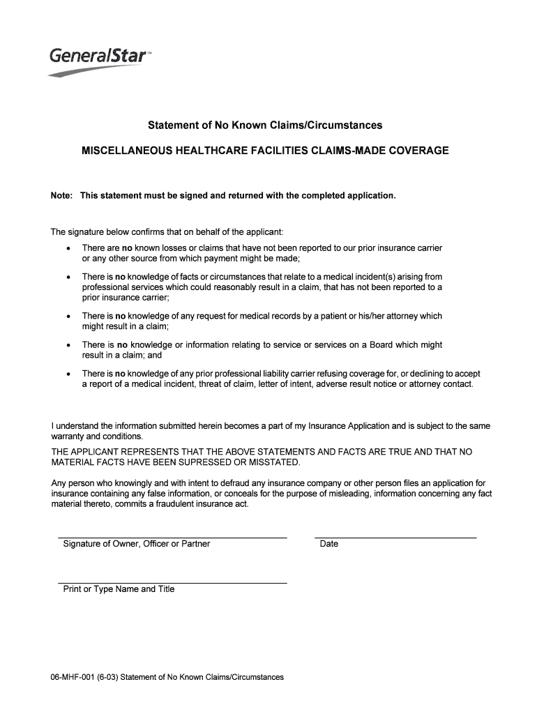 Fillable Online Statement of No Known Claims/Circumstances Fax Email ...