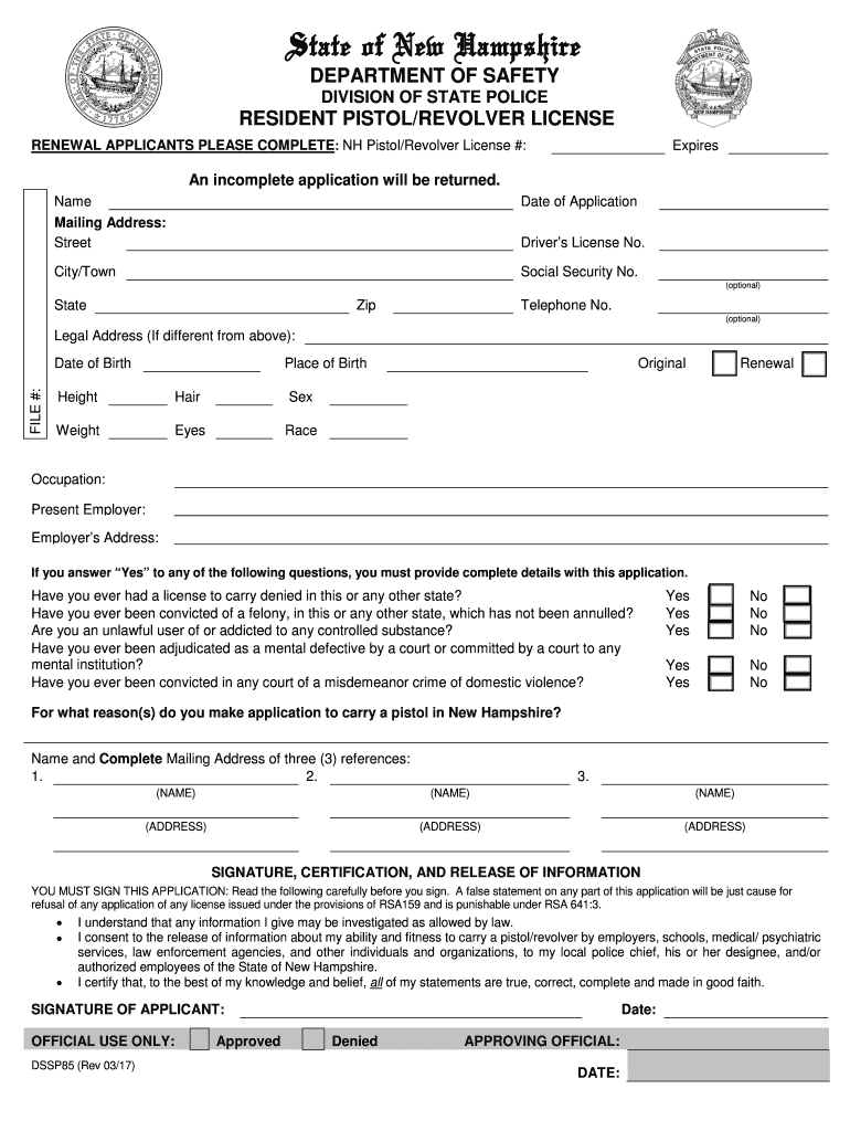 Fillable Online Resident Pistol/Revolver License Form - Town of ...