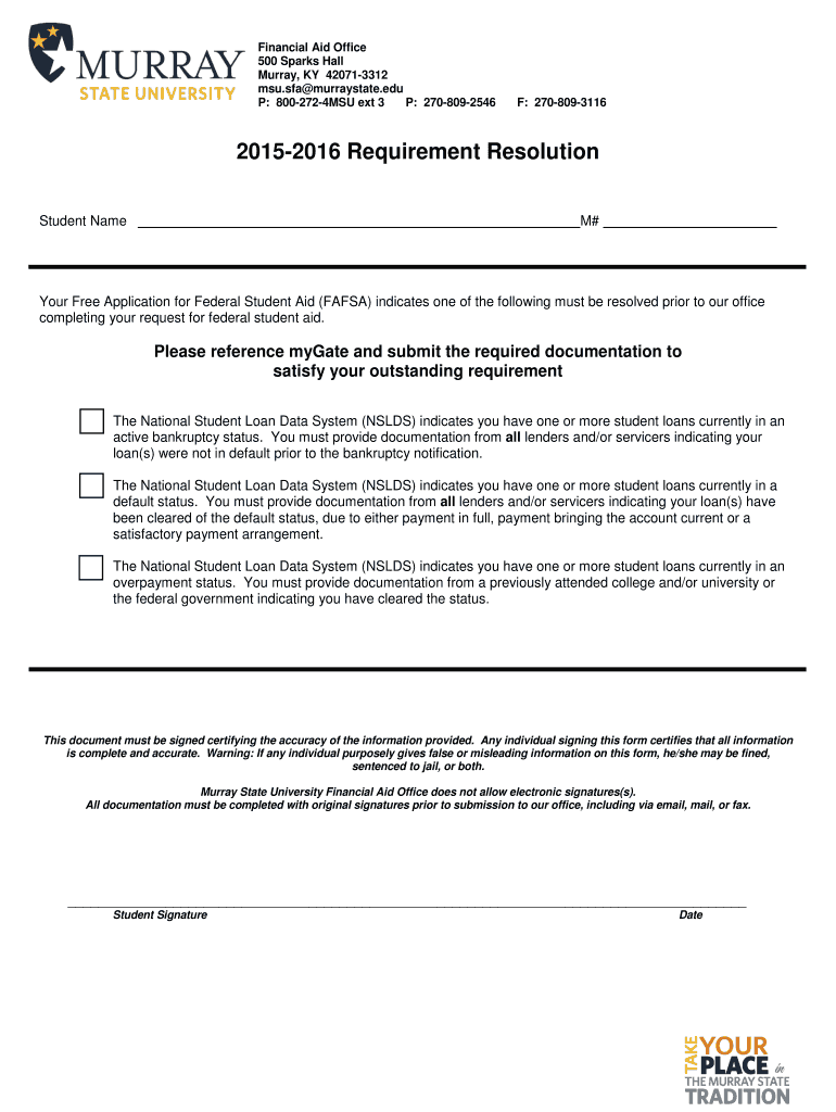Fillable Online campus murraystate 2015-2016 Requirement Resolution Fax ...