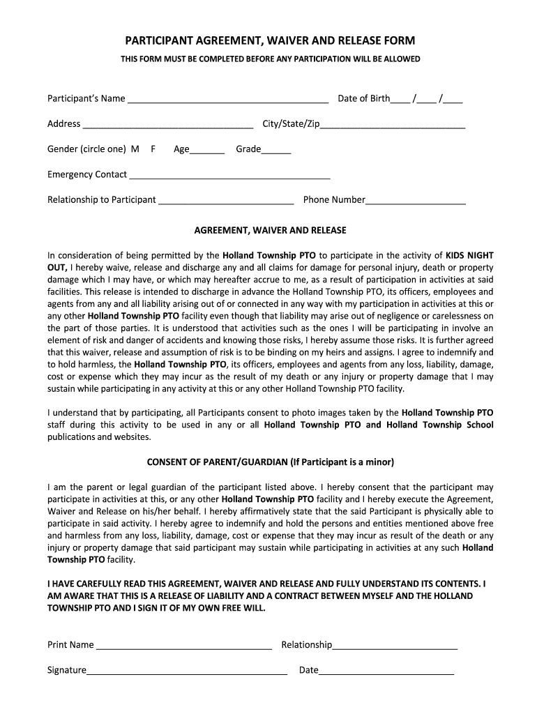 Fillable Online PARTICIPANT AGREEMENT, WAIVER AND RELEASE FORM Fax Email Print - pdfFiller