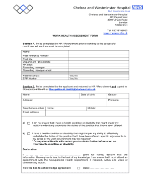 Fillable Online WORK HEALTH ASSESSMENT FORM - chelwestnhsuk Fax Email ...
