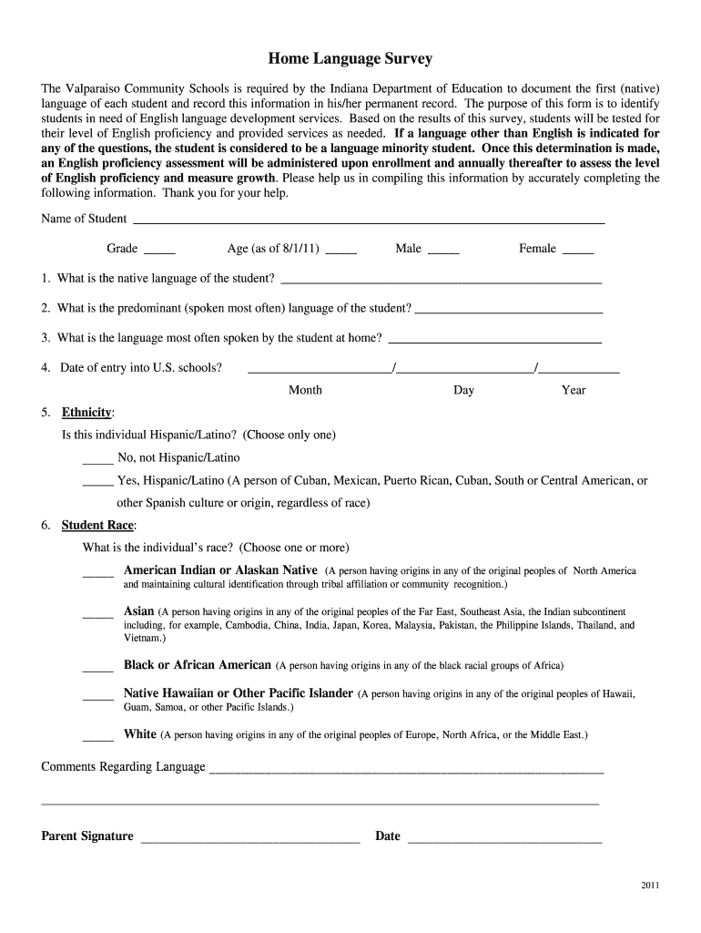 Fillable Online Home Language Survey - valpok12inus Fax Email Print ...