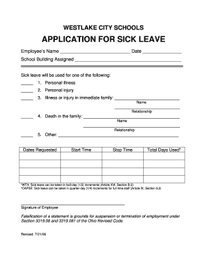 Fillable Online APPLICATION FOR SICK LEAVE - westlakek12ohus Fax Email ...