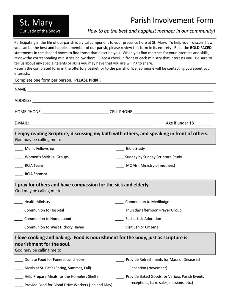 Fillable Online stmarymilfordmi Parish involvement form - St Mary Our ...