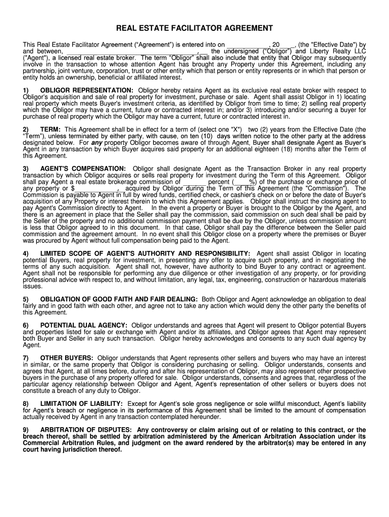 Fillable Online REAL ESTATE FACILITATOR AGREEMENT Fax Email Print - pdfFiller