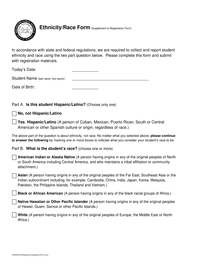 Fillable Online EthnicityRace Form Supplement to Registration Form Fax ...