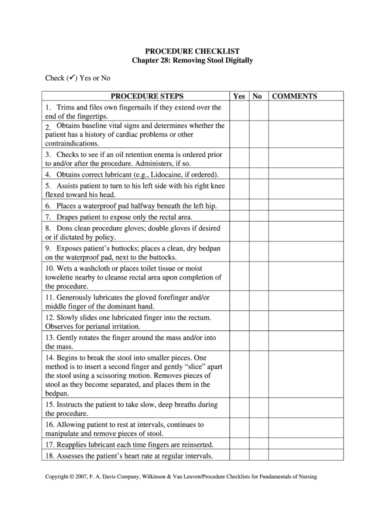Fillable Online PROCEDURE CHECKLIST Chapter 28 Removing Stool Digitally ...