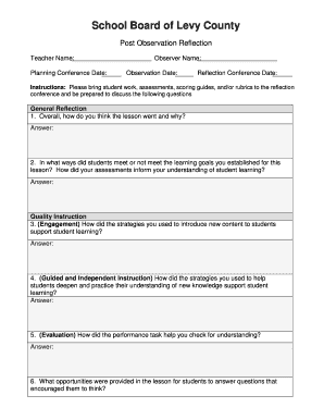 Fillable Online School Board of Levy County Post Observation Reflection ...