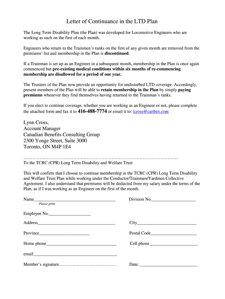 Fillable Online Letter of Continuance in the LTD Plan - TCRC Division ...