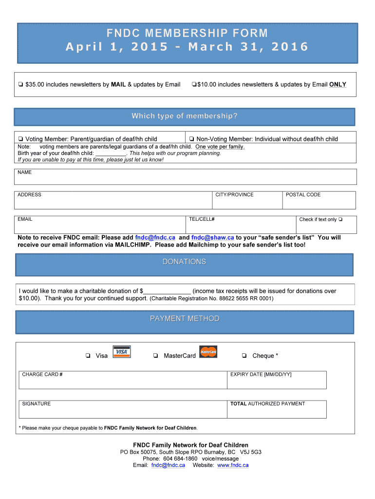 Fillable Online fndc FNDC MembershipFormApr15 Mar16 revised Fax Email Print - pdfFiller