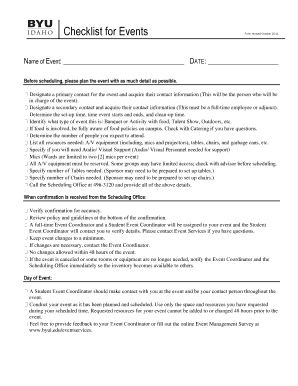 Fillable Online www2 byui Checklist for Events - Brigham Young ...