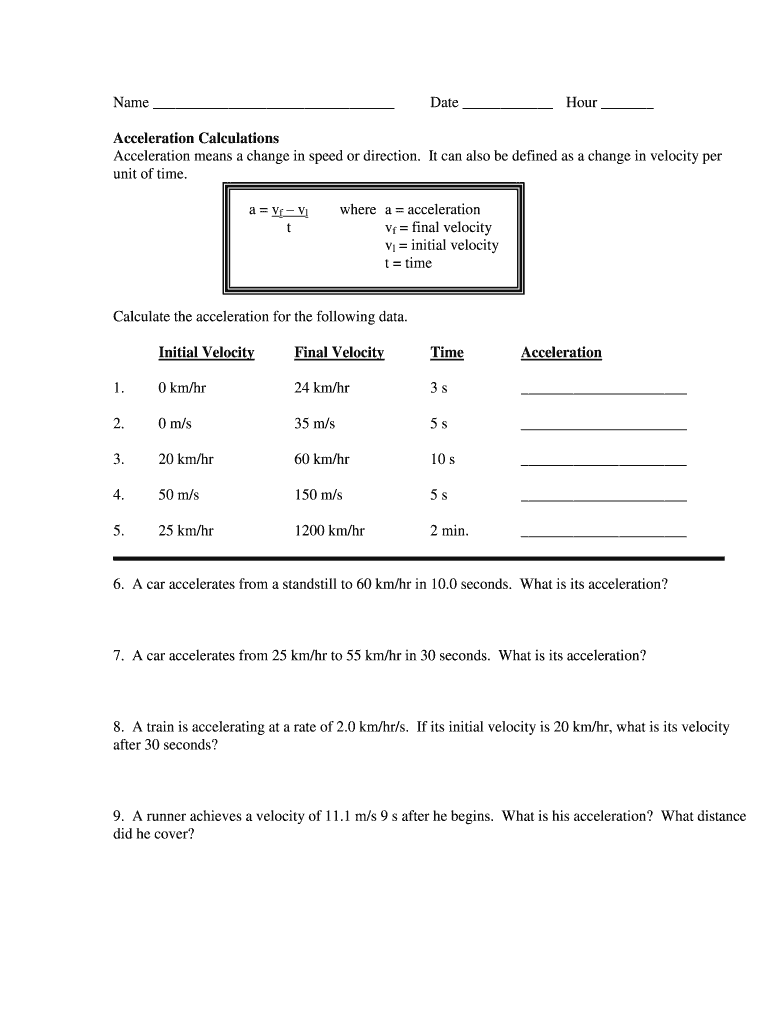 Fillable Online Initial Velocity Final Velocity Time Acceleration Fax ...