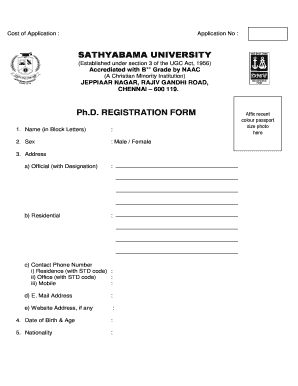 Fillable Online PhD REGISTRATION FORM - Sathyabama University Fax Email ...