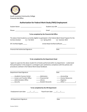 Fillable Online Authorization for Federal Work Study FWS Employment Fax ...