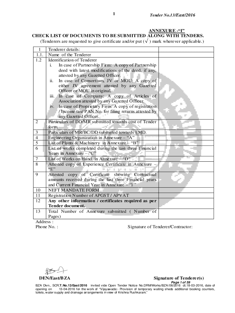 Fillable Online ANNEXURE -I CHECK LIST OF DOCUMENTS TO BE SUBMITTED Fax ...